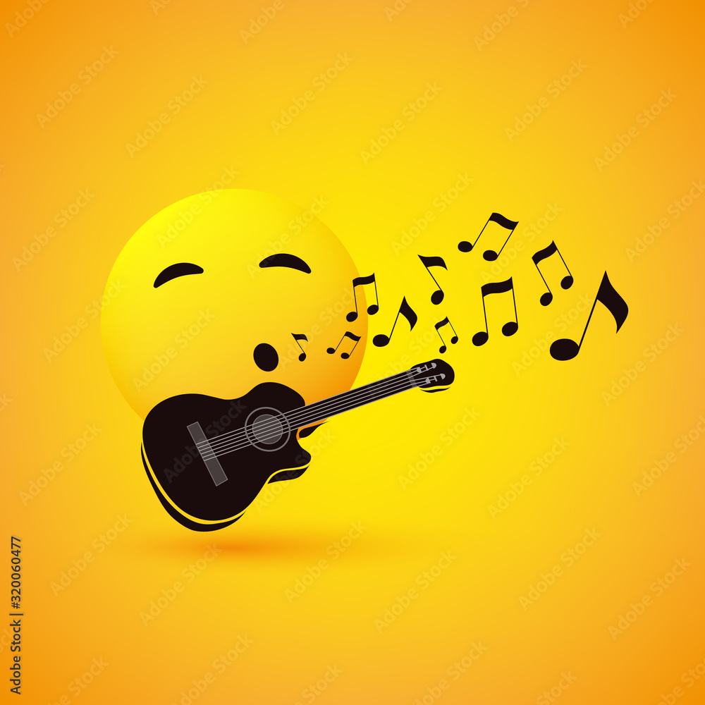 Singing or Whistling Emoticon, Face With Smiling Eyes and Guitar on ...