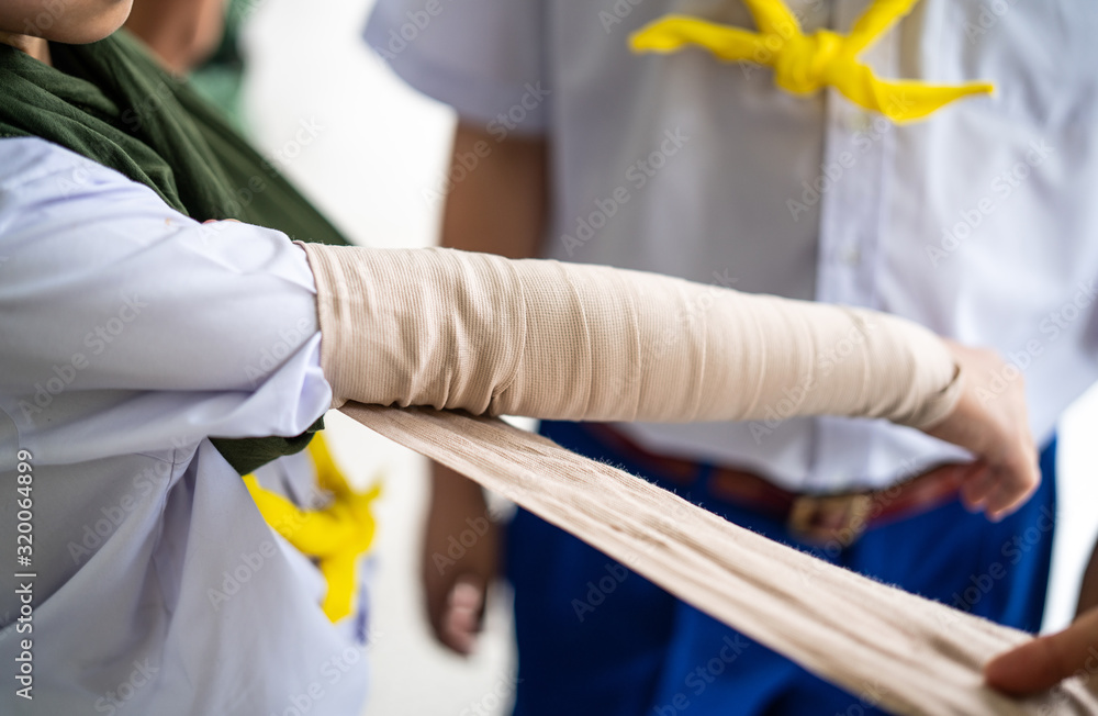 Group of boy scout first aid training in classroom. Student boy scout ...