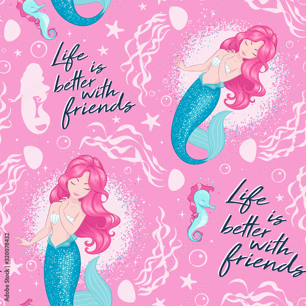 Beautiful mermaid pattern on pink background. Design for kids. Fashion ...
