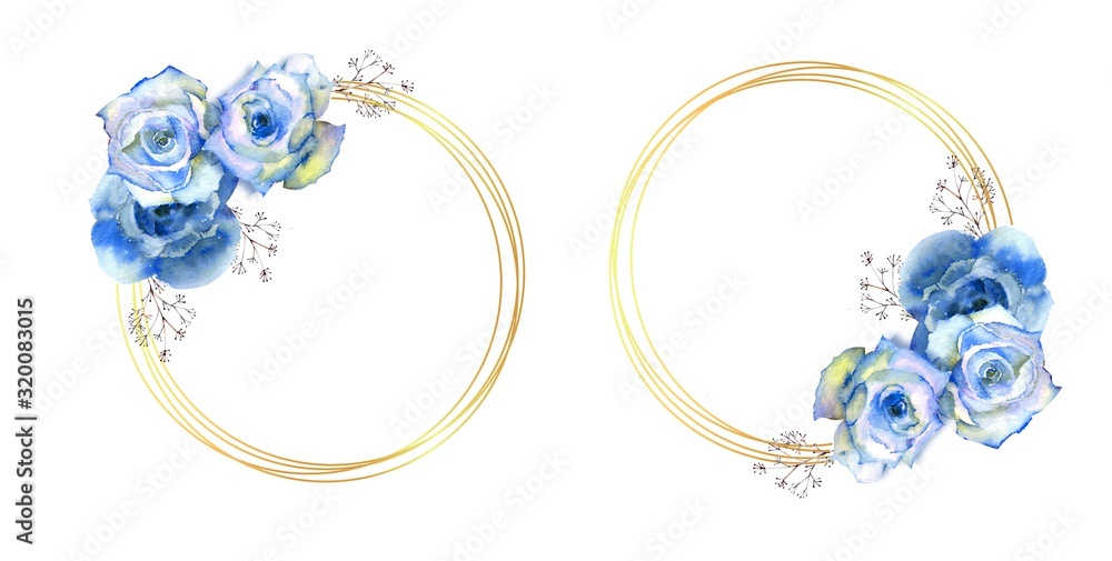 2 frames with blue rose flowers on round gold frame on white isolated ...