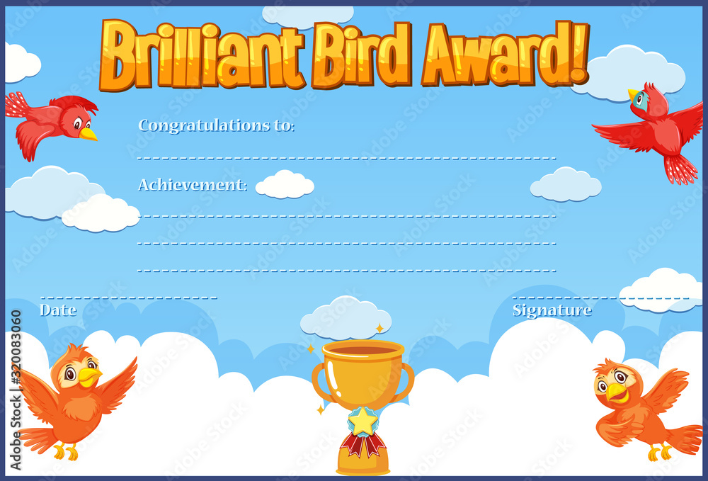 Certificate template for brillant award with birds flying in background ...