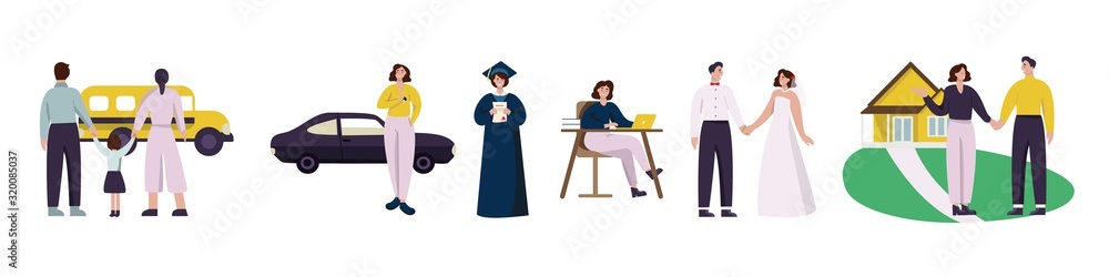 Collection of life cycle young woman vector flat illustration. Set of ...