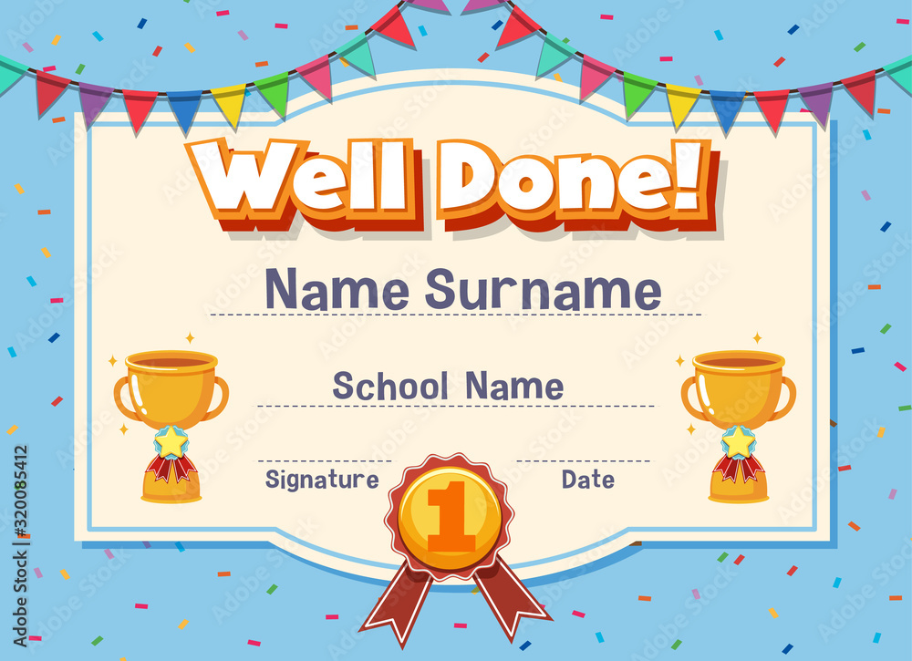 Certificate template for well done with trophy and flags in background ...