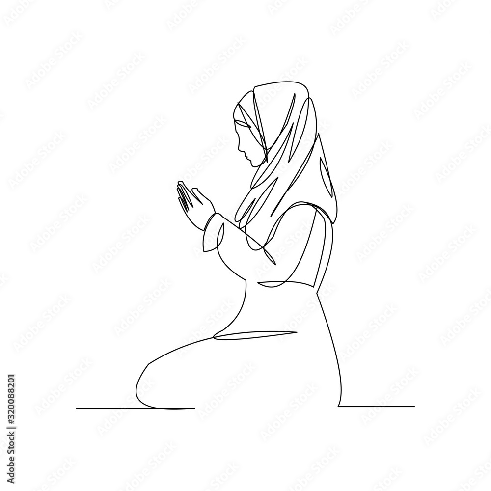Continuous line drawing of muslim women pray and raise hand in hijab ...