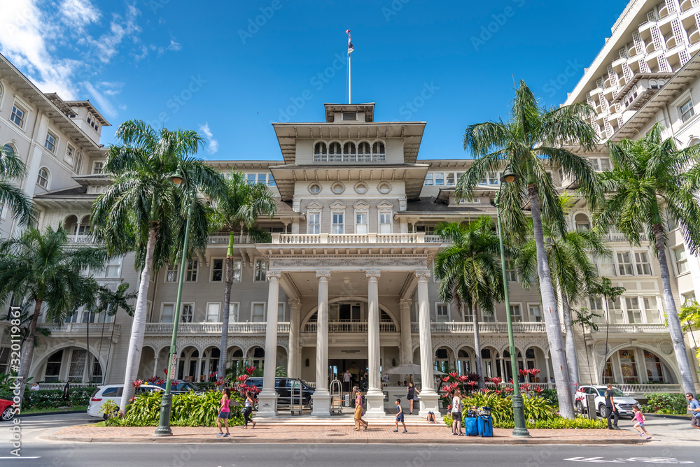 Honolulu, Hawaii - April 1, 2019: Exterior facade of the famous Moana ...