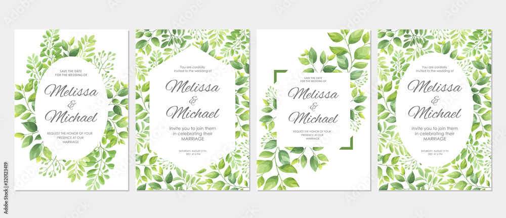 Wedding invitation with green leaves border. Floral invite card ...