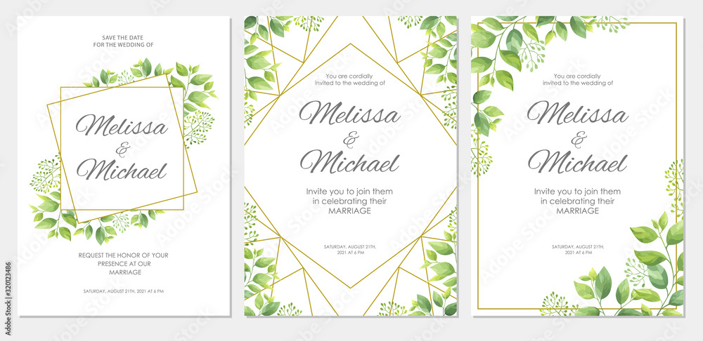 Wedding invitation with green leaves border. Floral invite card ...