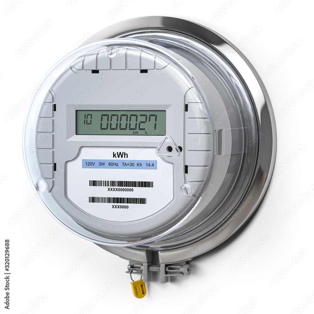Digital electric meter with lcd screen isolated on white. Electricity ...