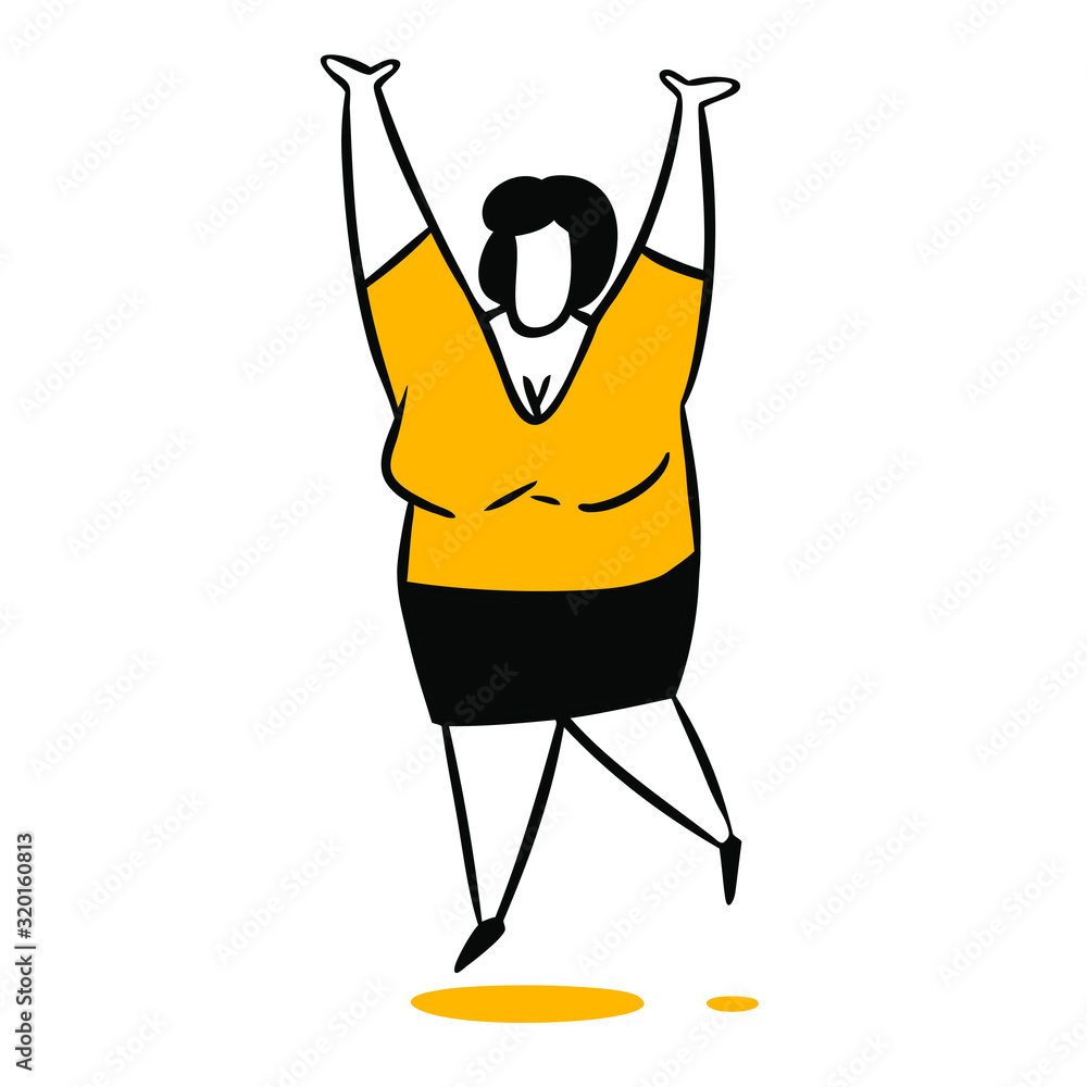 Beautiful body positive plus size woman jumping with arms up. Modern ...
