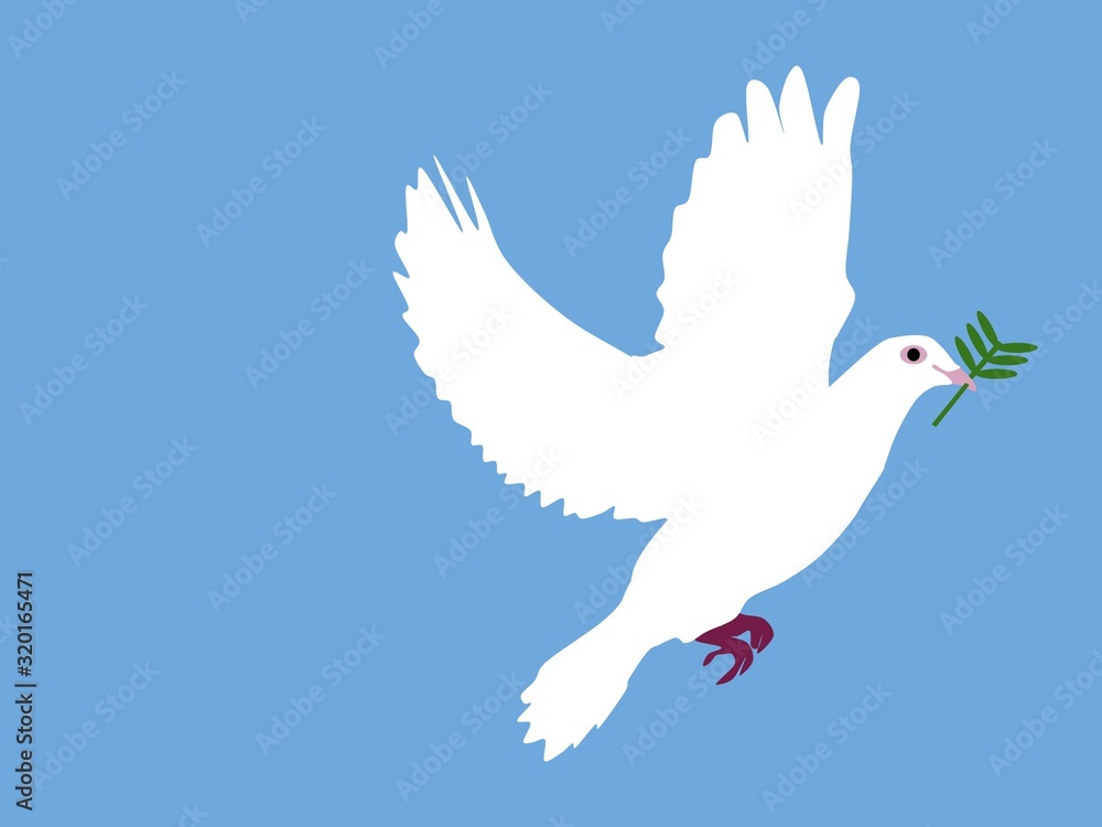 Cartoon white peace dove isolated on light blue background with an ...