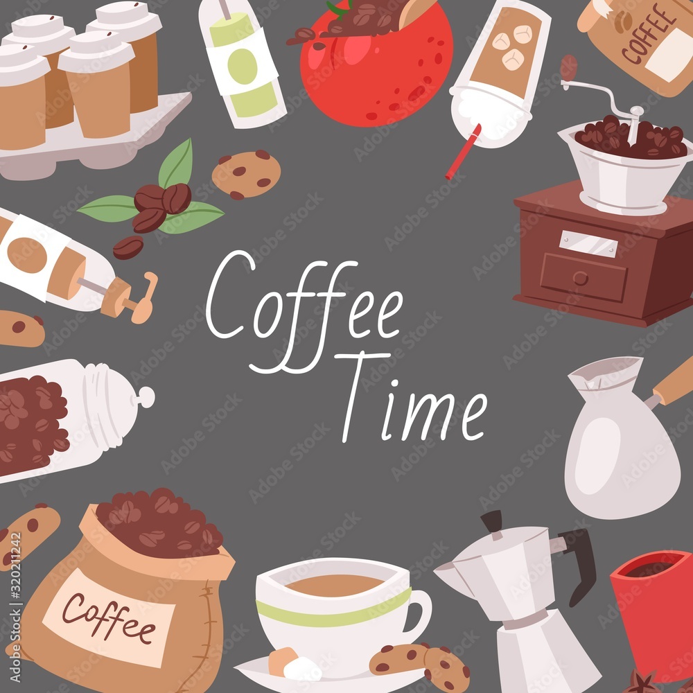 Coffee cartoon frame objects vector illustration. Beverage collection ...