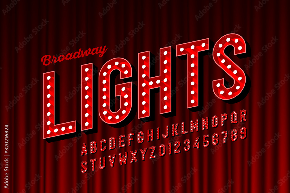 Broadway lights retro style font with light bulbs, vintage alphabet ...