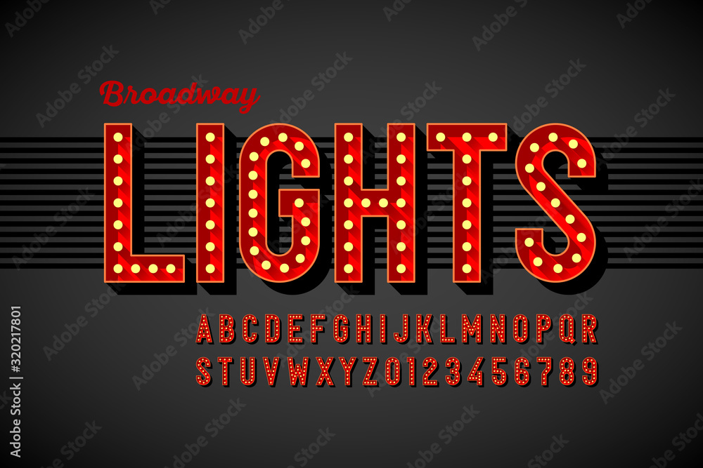 Broadway lights retro style font with light bulbs, vintage alphabet ...