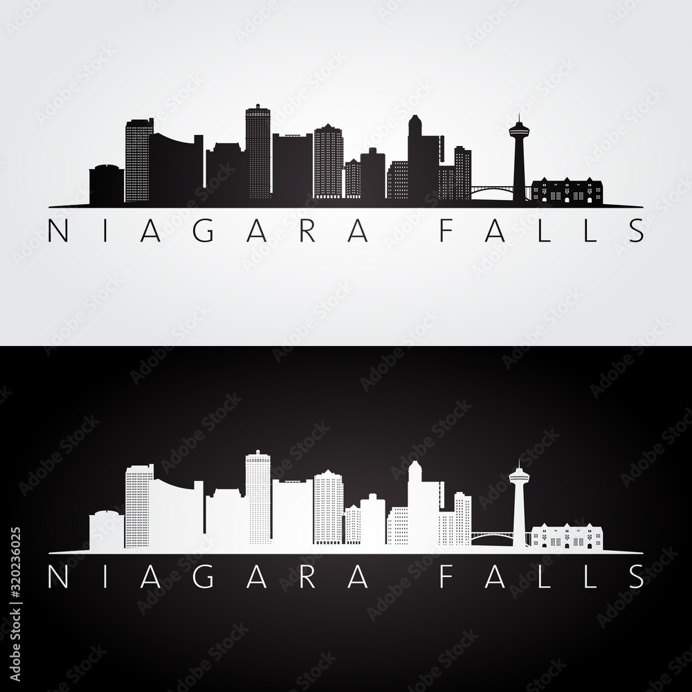 Niagara Falls skyline and landmarks silhouette, black and white design ...