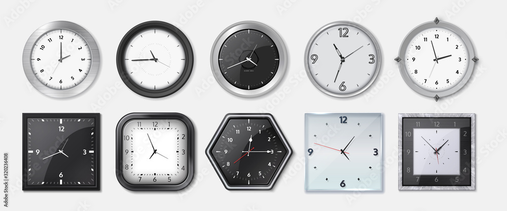 Realistic clock. Square and round metal and plastic office clocks with ...