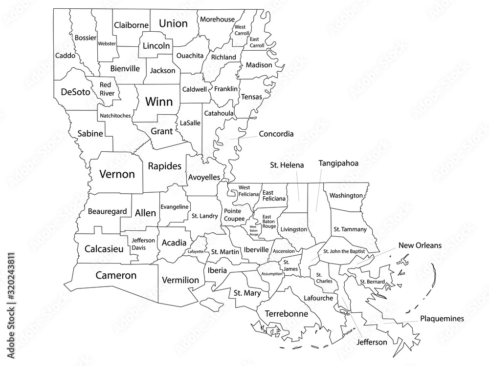 White Outline Counties Map With Counties Names of US State of Louisiana ...