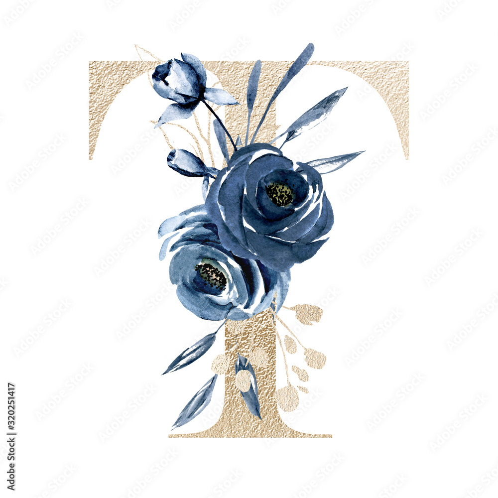 T letter with blue flowers, gold monogram initial, hand drawn ...