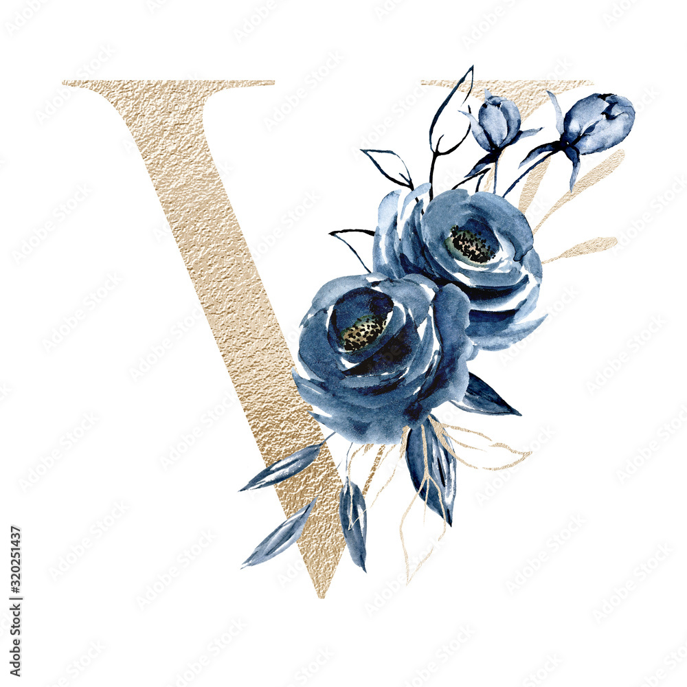 V letter with blue flowers, gold monogram initial, hand drawn ...