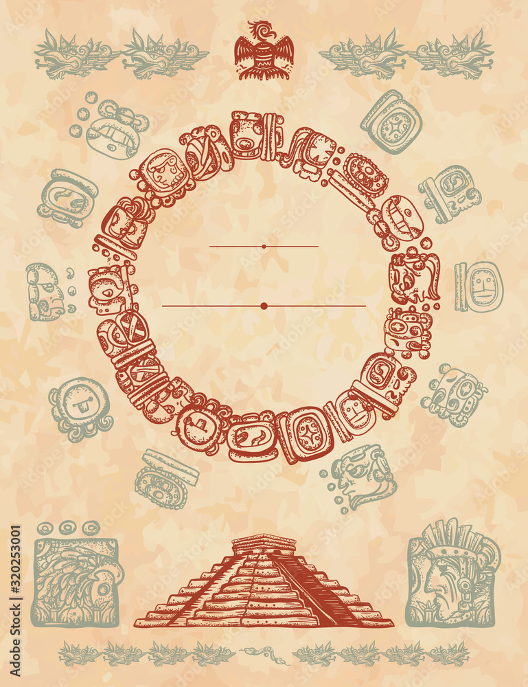 Ancient civilization vertical background. Mayan pyramids and glyphs ...