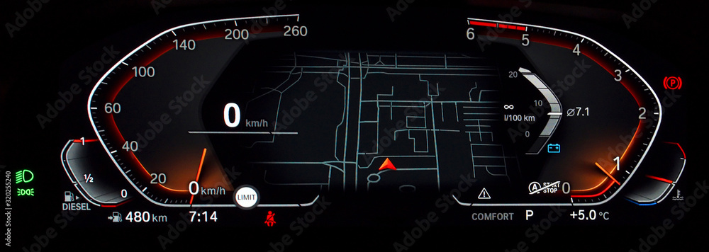 Modern fully digital LCD instrument cluster with navigation screen in ...