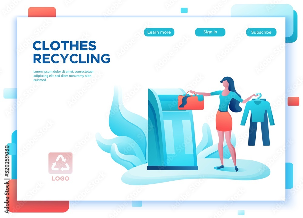 Clothes recycling concept, girl puts bag into container, textile ...