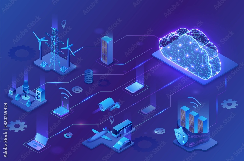 Internet of things cloud infographic, neon blue isometric 3d ...