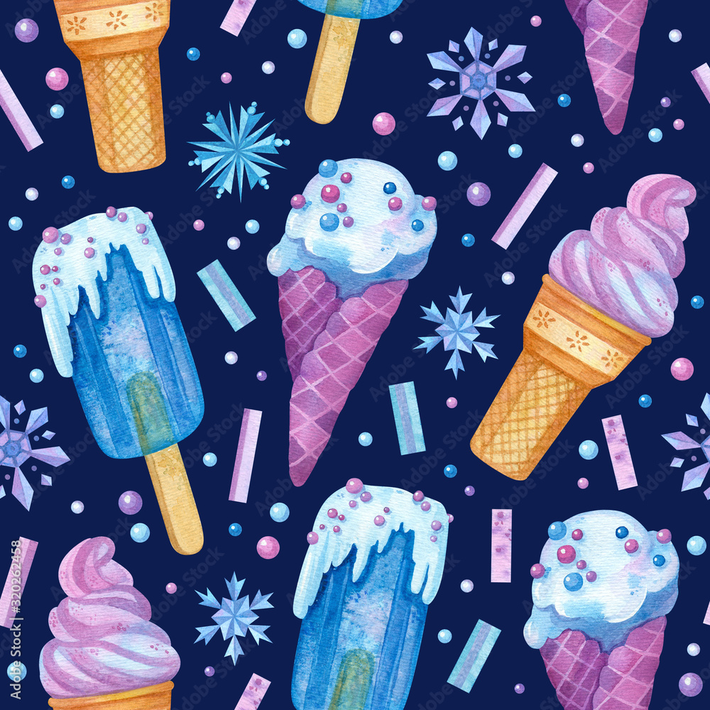 Ice cream and snowflakes hand drawn seamless pattern. Frozen desserts ...