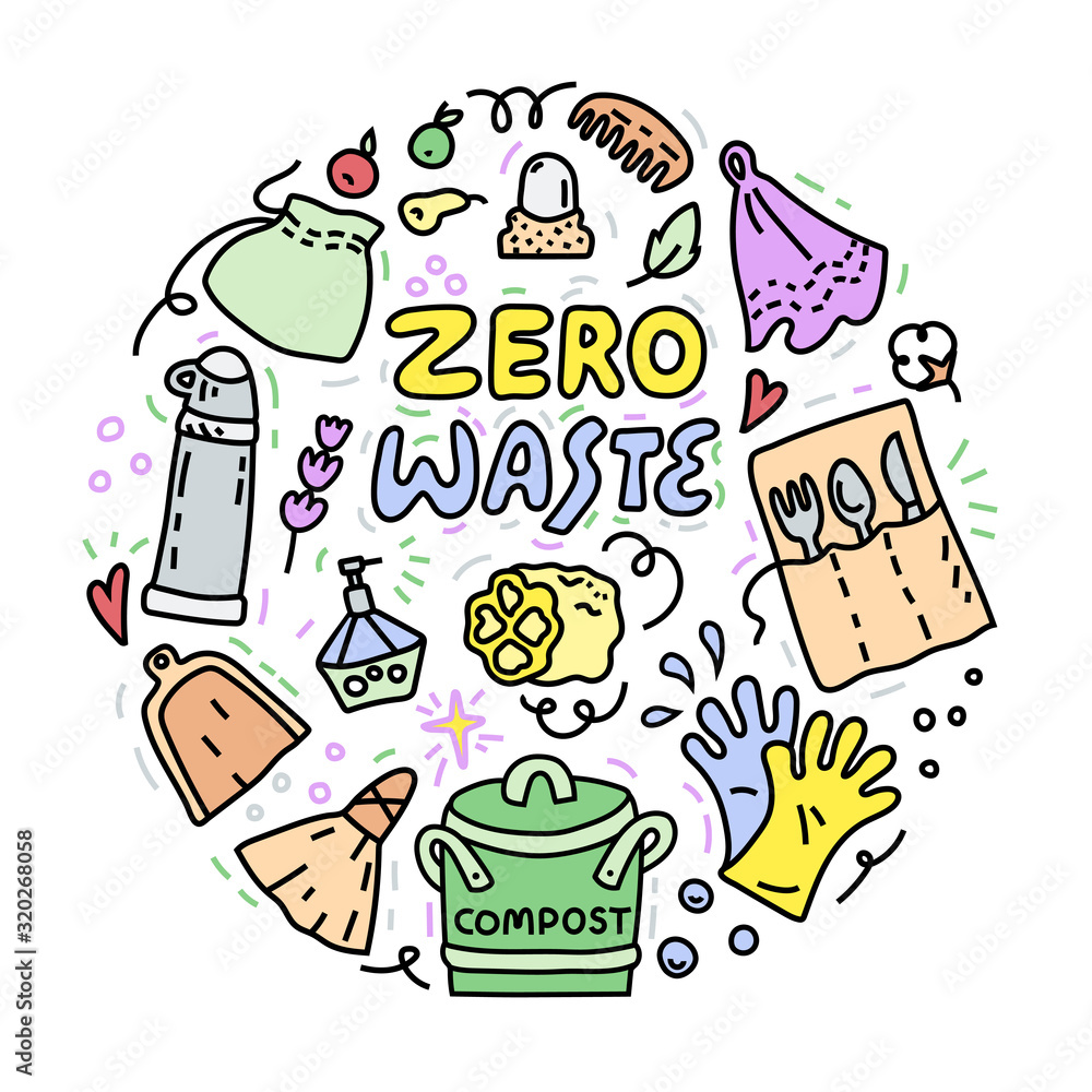 Colorful doodle style illustration with Zero Waste objects. Circle ...