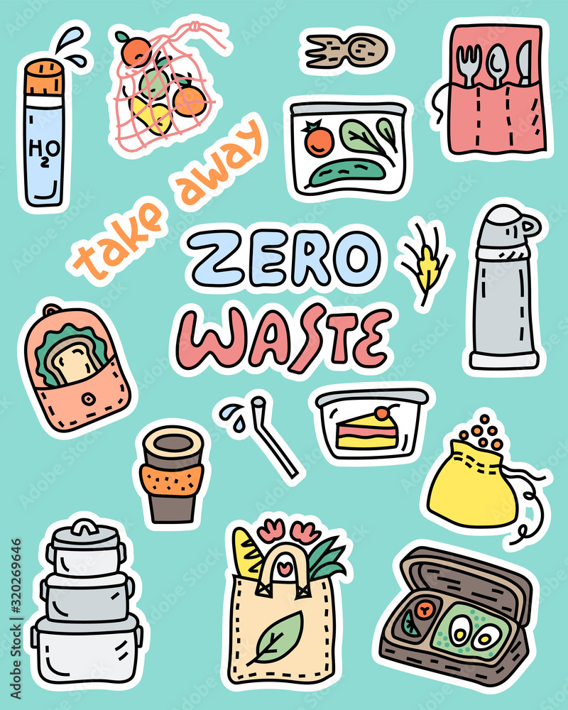 Zero waste doodle stickers, take away symbols Stock Vector | Adobe Stock