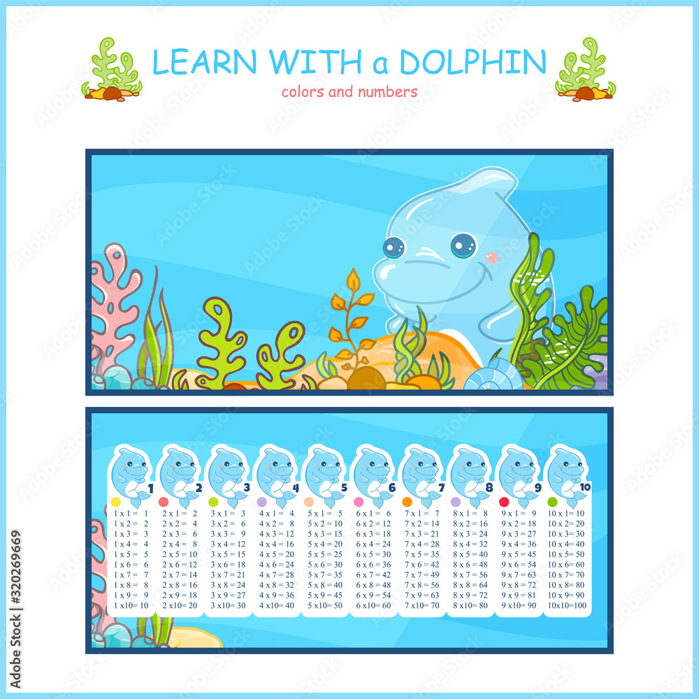 Vector multiplication table in cute undersea design. Two sides card ...