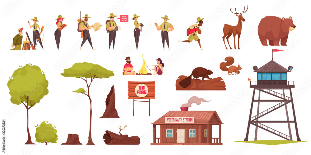 Forest Ranger Cartoon Set Stock Vector | Adobe Stock