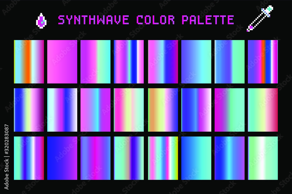 Synthwave color palette, set of duotone and holographic swatches for ...