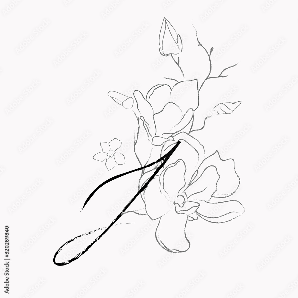 Handwritten Floral Logo Template. Line Drawing Monogram J with Magnolia ...