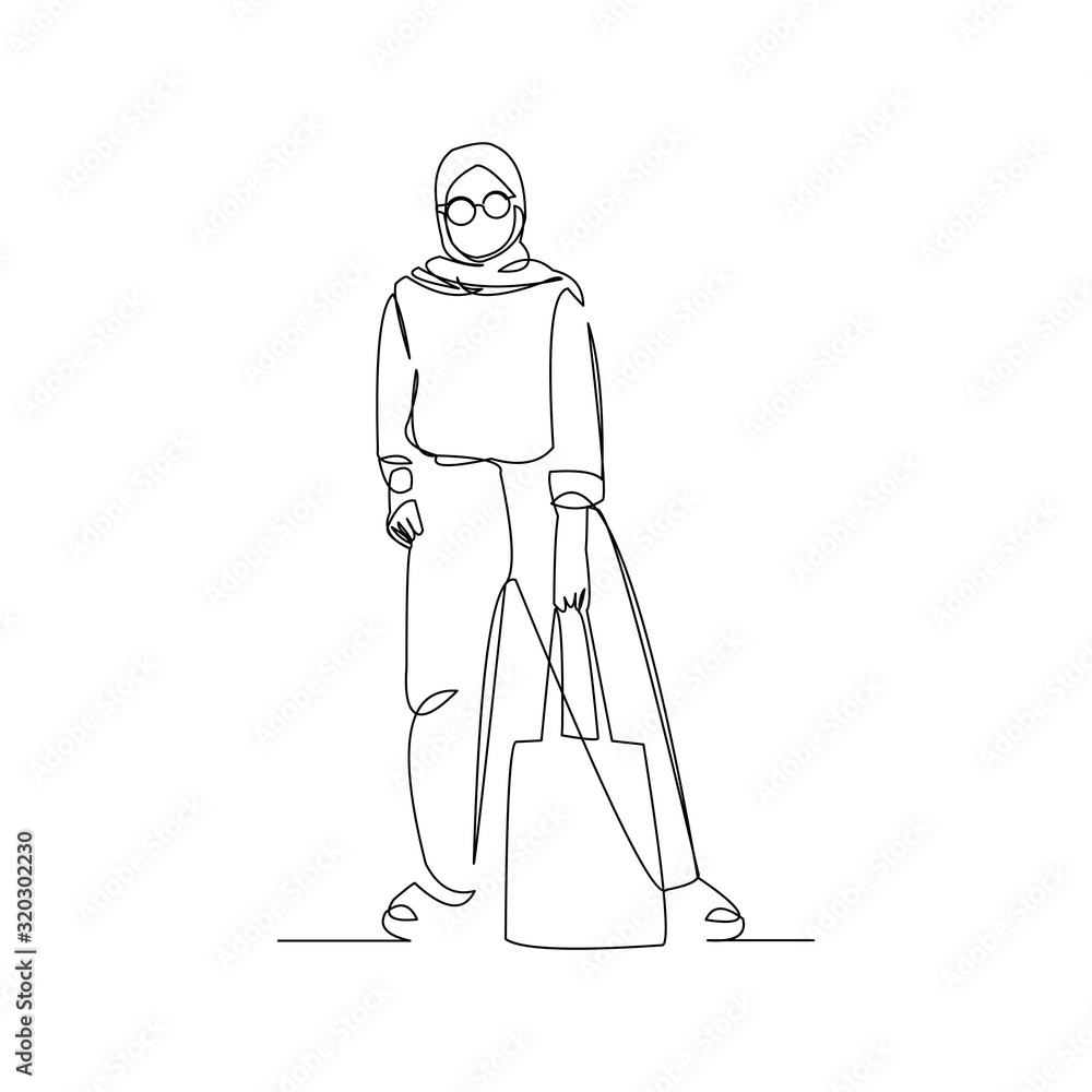Continuous line drawing of fashionable muslim woman wearing hijab scarf ...