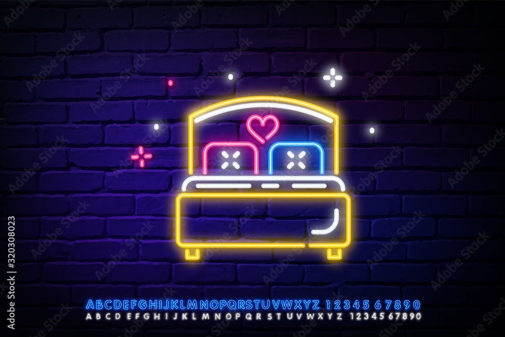 Valentine's day. Bed of love symbol neon. Symbol of the wedding night ...