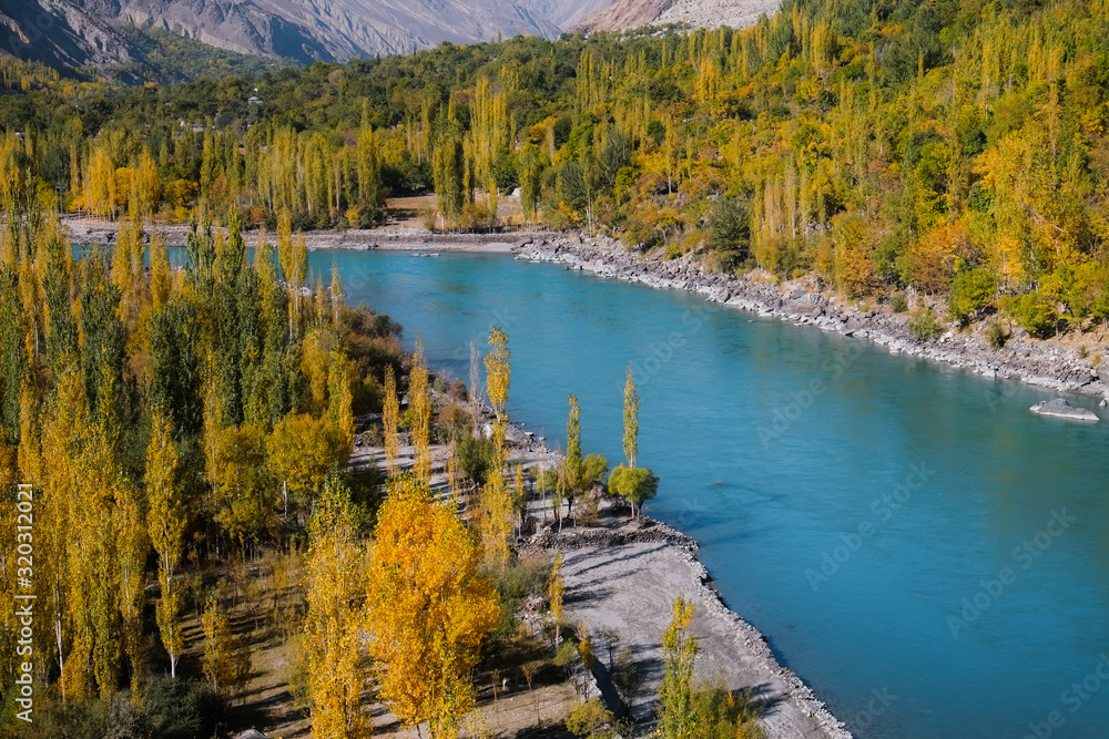 Nature landscape view of Ghizer river flowing through Hindu Kush ...