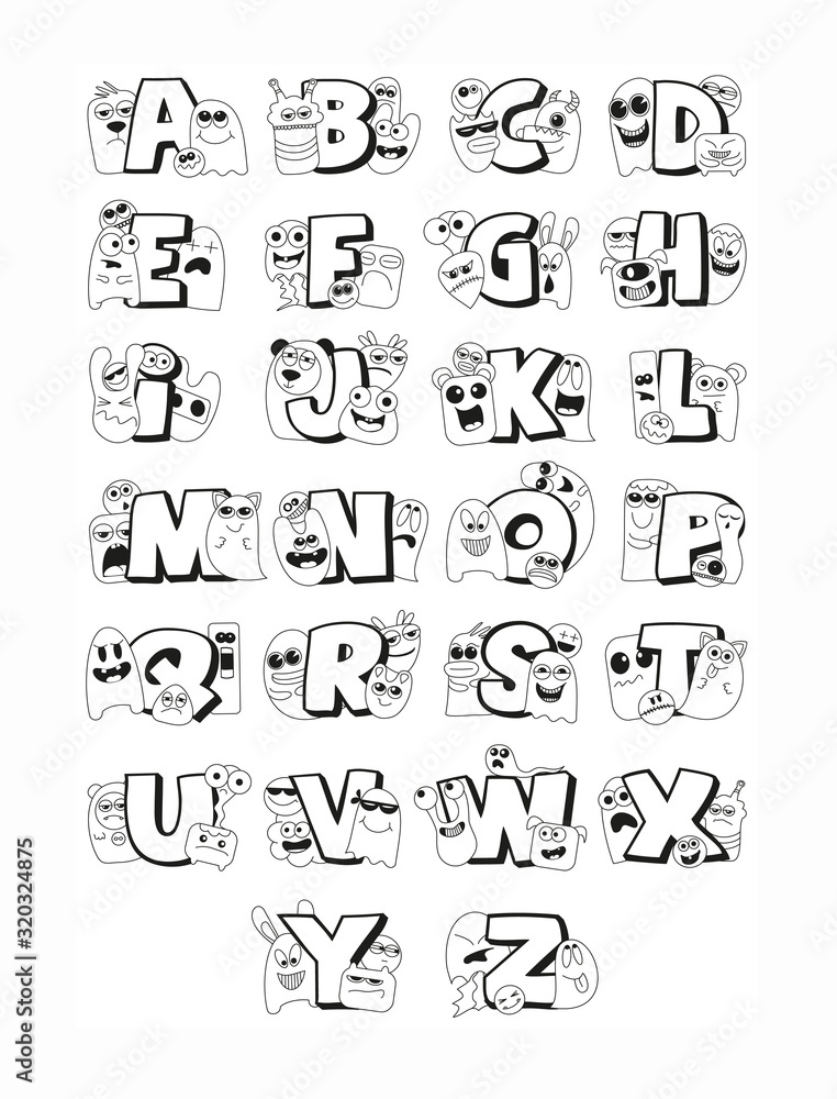Coloring page english alphabet for children with funny and sad monsters ...