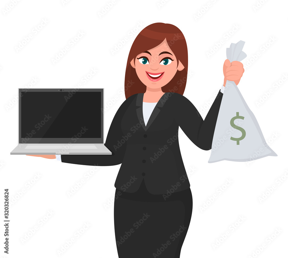 Young businesswoman holding a new brand laptop and showing cash, money ...