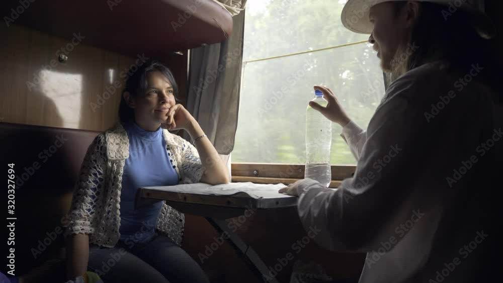 Man And Woman Talk In Old Vintage Train Passenger Carriage. Sitting And ...