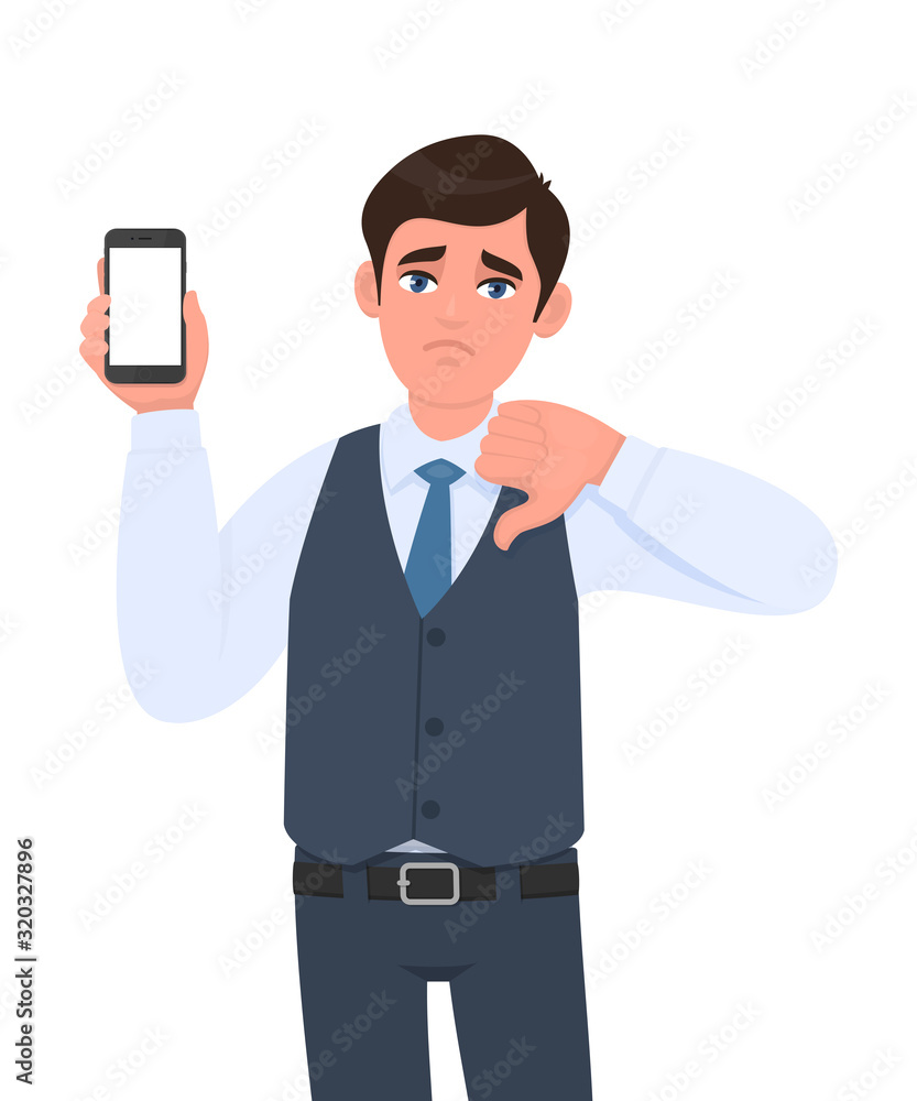 Unhappy young businessman in vest suit showing blank screen mobile ...