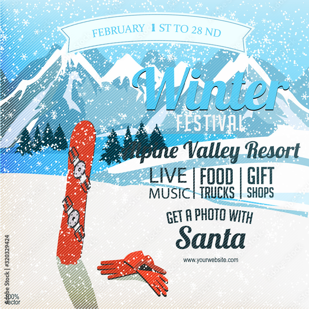 Mountain snow ski resort poster background concept. Winter extreme ...