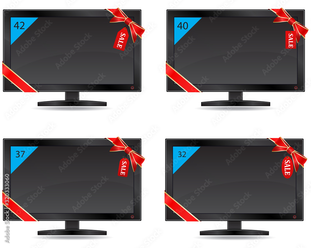Monitor with a red ribbon. Big sale. Offer of the transaction. Concept ...