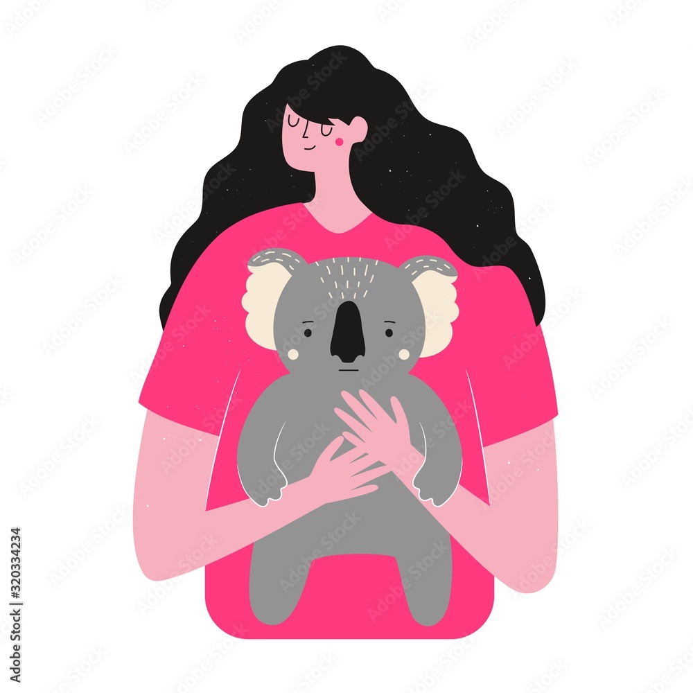 Long hair woman hugs koala. Rescue animals from fires in Australia ...