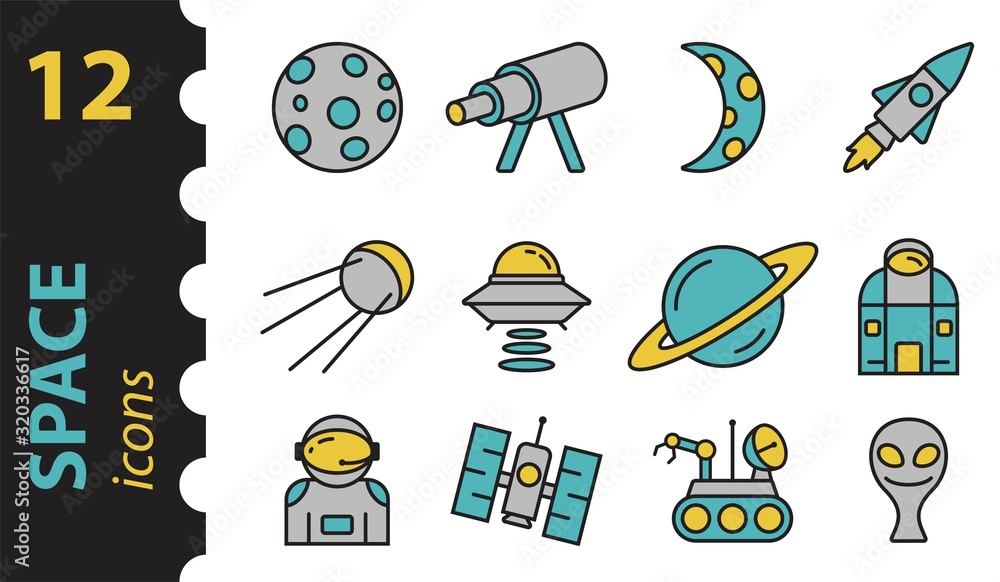 Space icons, linear style. A simple set of characters. Vector ...