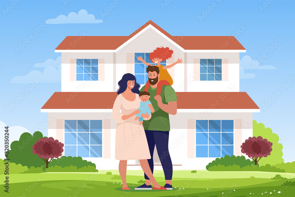 A happy family is standing at the new house. Concept illustration ...