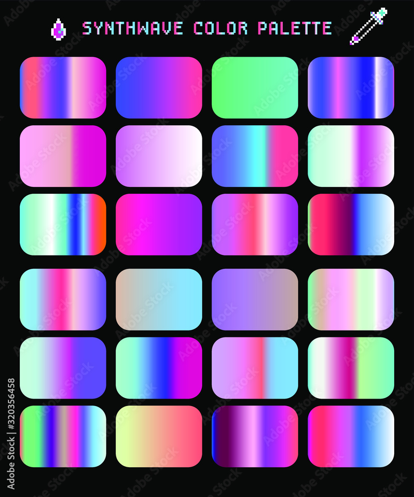 Synthwave color palette, set of duotone and holographic swatches for trendy coloring. Stock ...