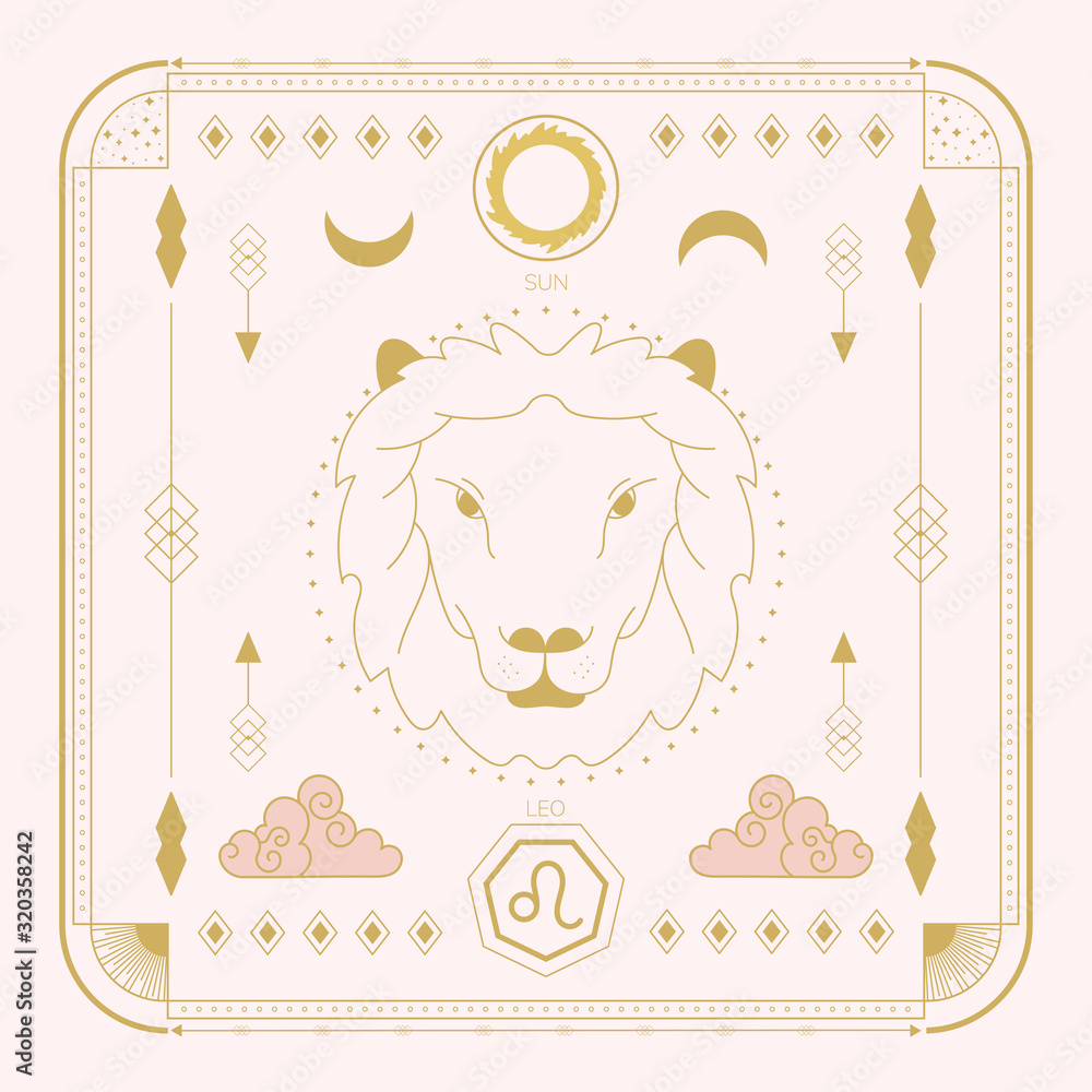 Zodiac sign - Leo and its planet ruler Sun. Thin linear vector design ...