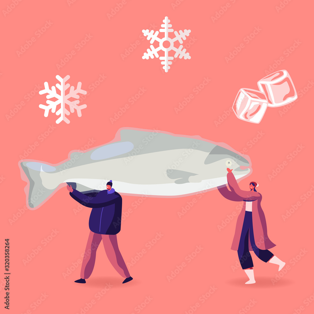 Tiny Male and Female Characters Carry Huge Frozen Fish with Snow Flakes ...