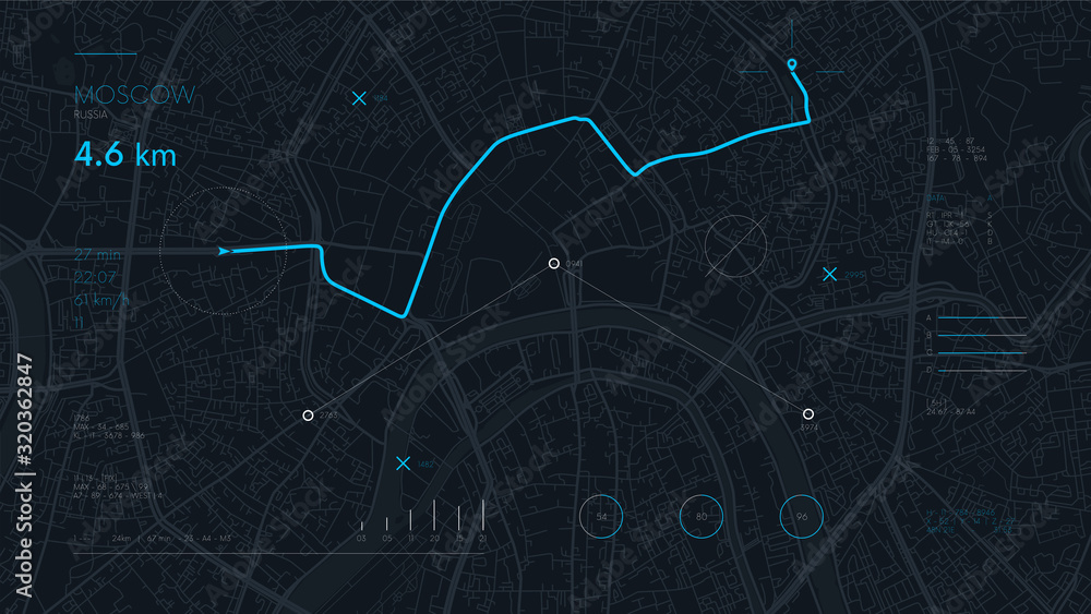 Futuristic route dashboard GPS tracking map, navigate mapping ...