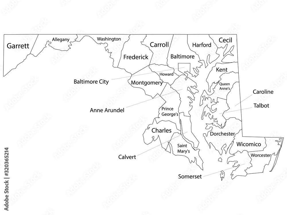 White Outline Counties Map With Counties Names of US State of Maryland ...